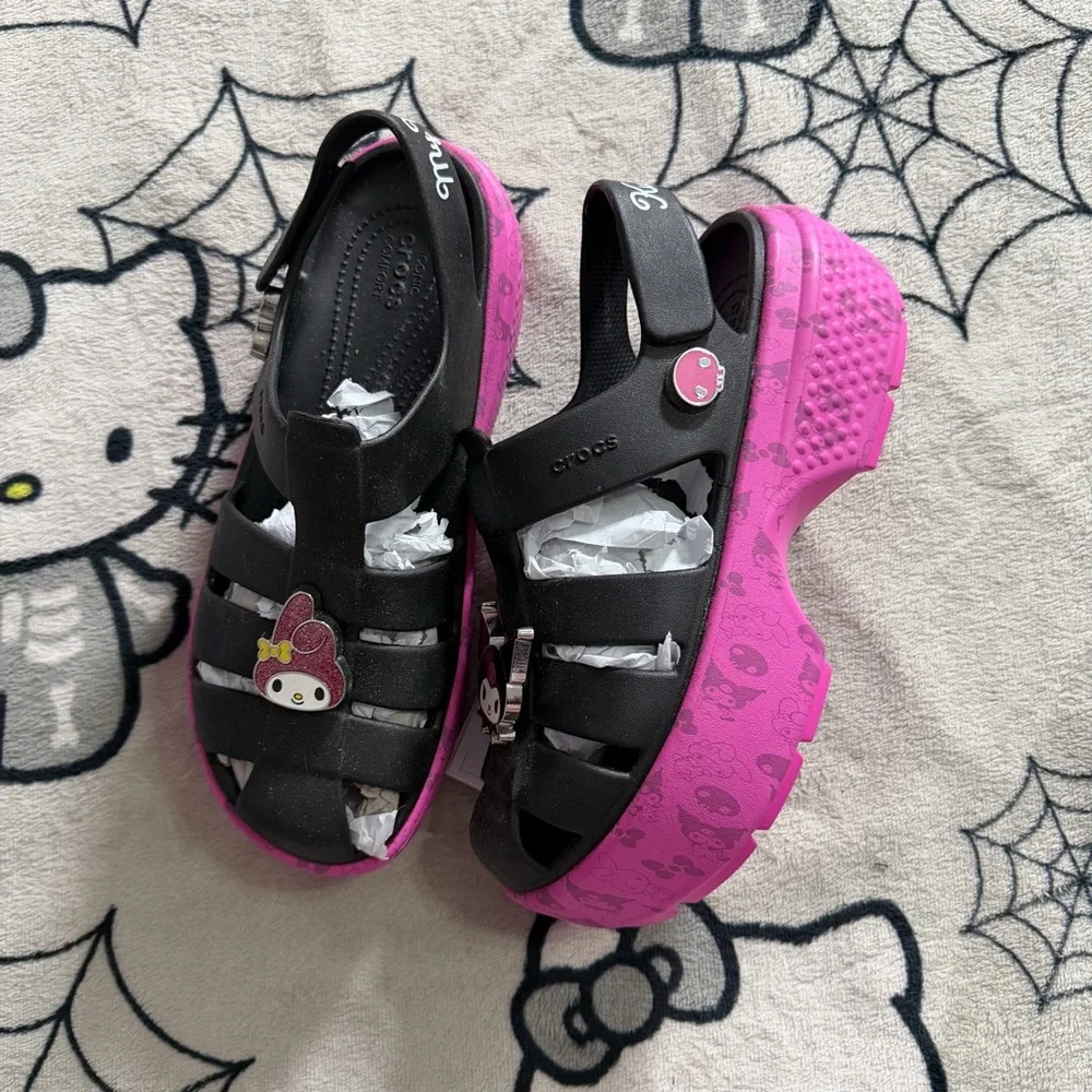 CROCS | Shoes | Crocs Sanrio Black And Pink Platform Sandals Kuromi And ...